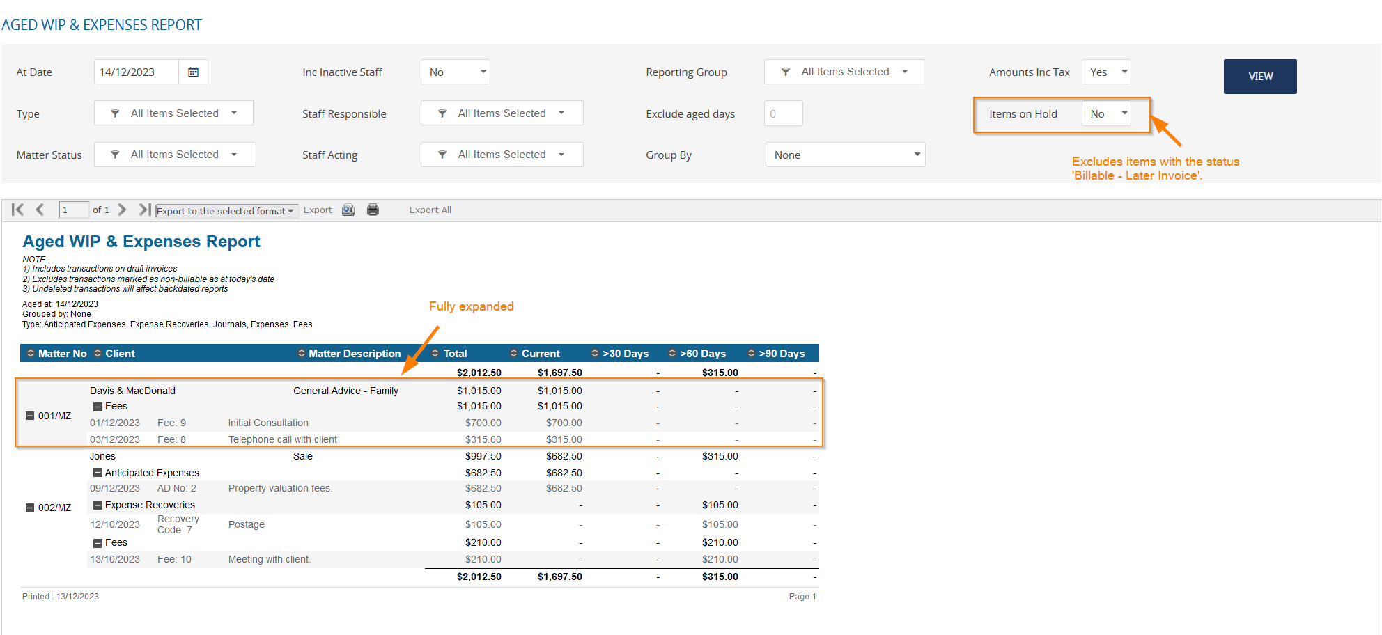 Aged WIP & Expenses Report