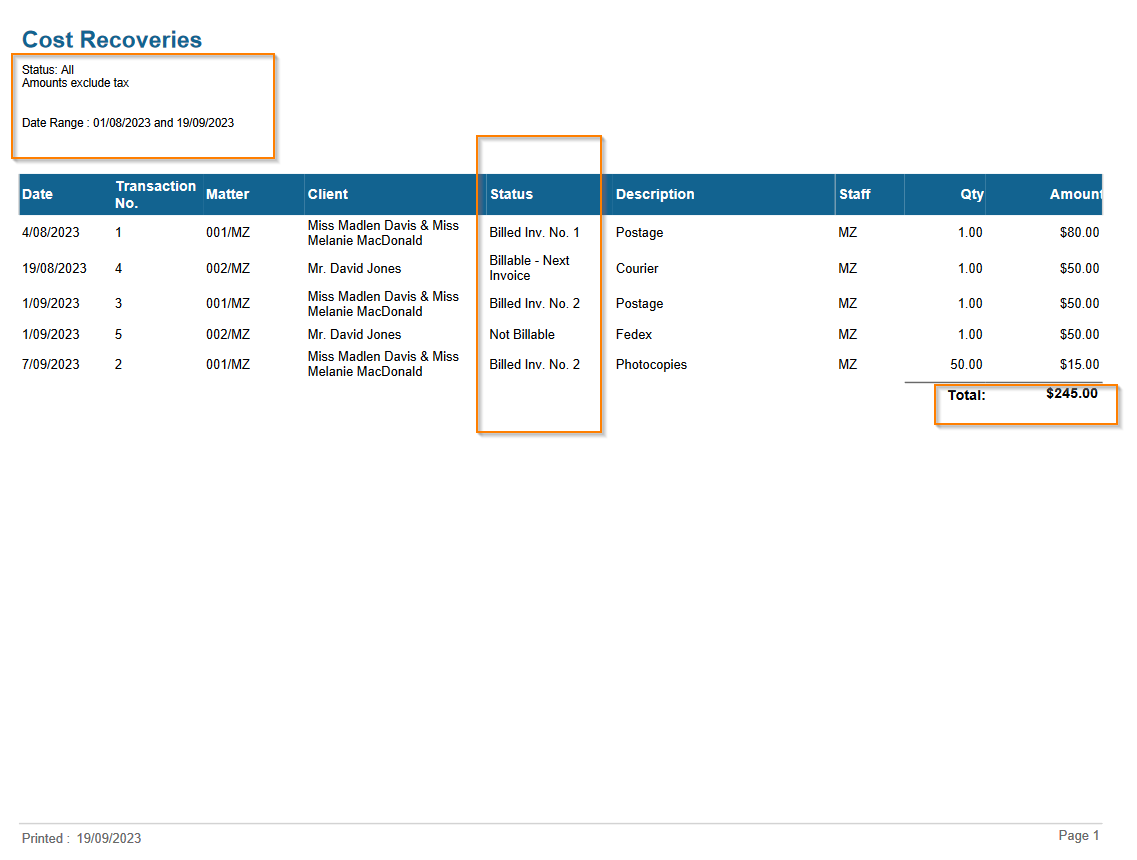 Expense Recovery Listing Report
