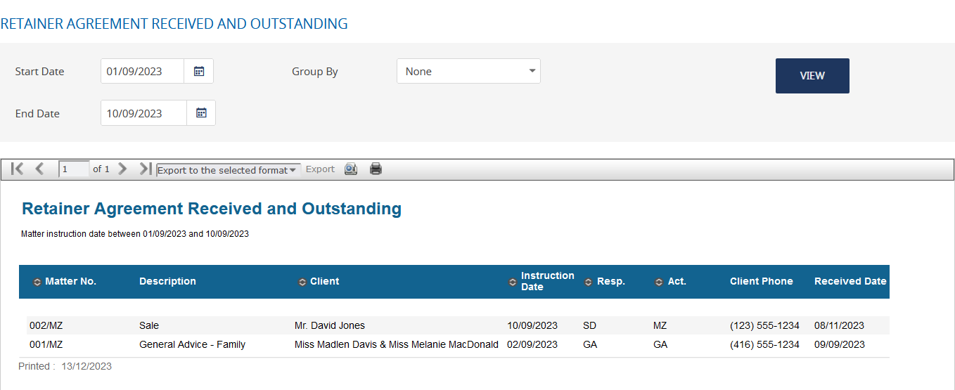 Retainer Agreement Received and Outstanding Report