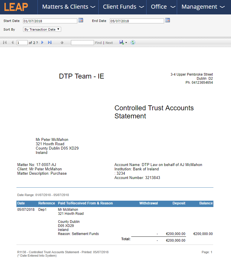 Controlled Trust Accounts Statement Report