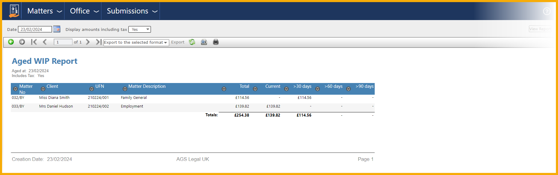 Legal Aid - Aged WIP Report