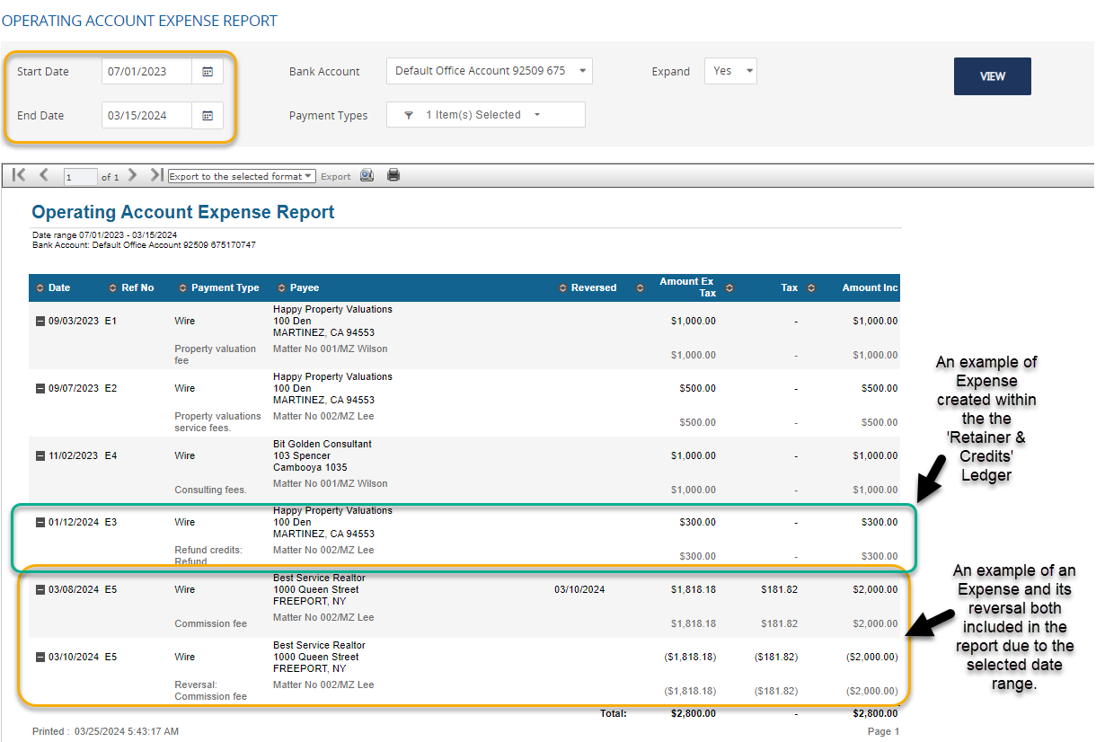 Operating Account Expense Report