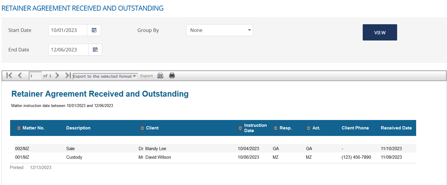 Retainer Agreement Received and Outstanding Report