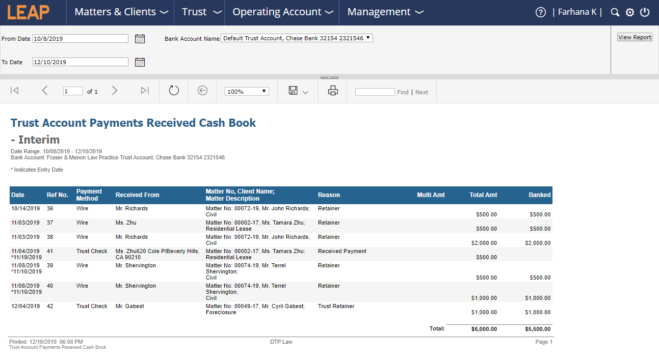 Trust Account Payments Received Cash Book Report