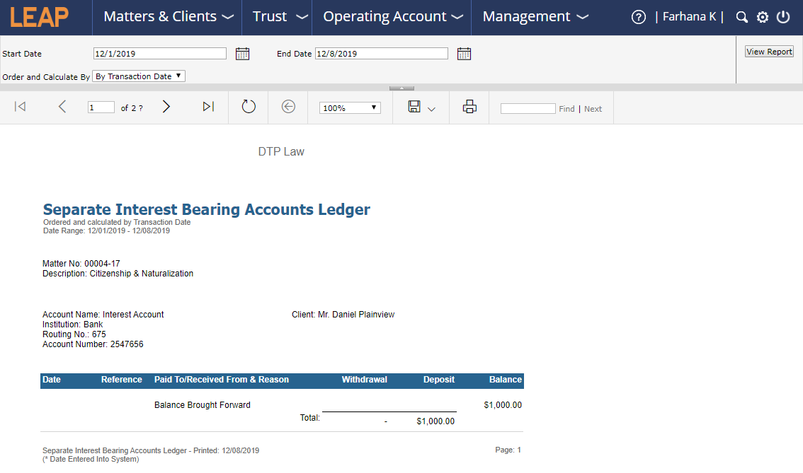 Separate Interest-Bearing Accounts Ledger Report